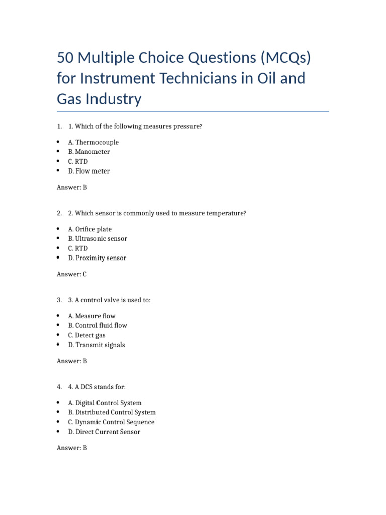 50 MCQs Instrument Technicians Oil Gas | PDF | Flow Measurement ...