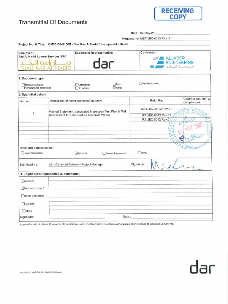 MST-JEC-0012-01 - Method Statement For Substructure Concrete Works | PDF