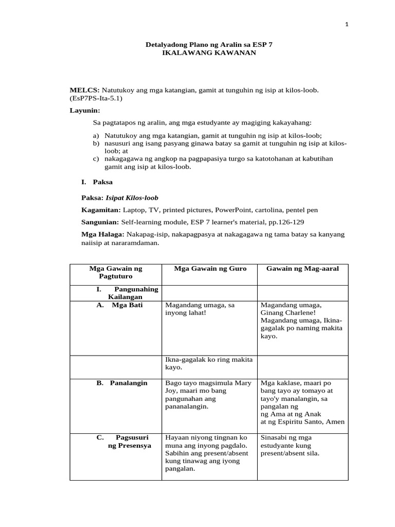 Detailed-Lesson-Plan-sa-ESP7 - (Isip at Kilos-Loob) | PDF