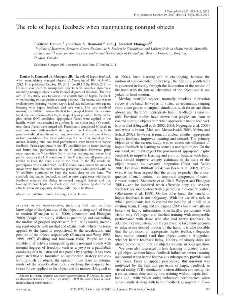 The Role of Haptic Feedback When Manipulating Nonrigid Objects - 2012 | PDF | Force | Virtual ...