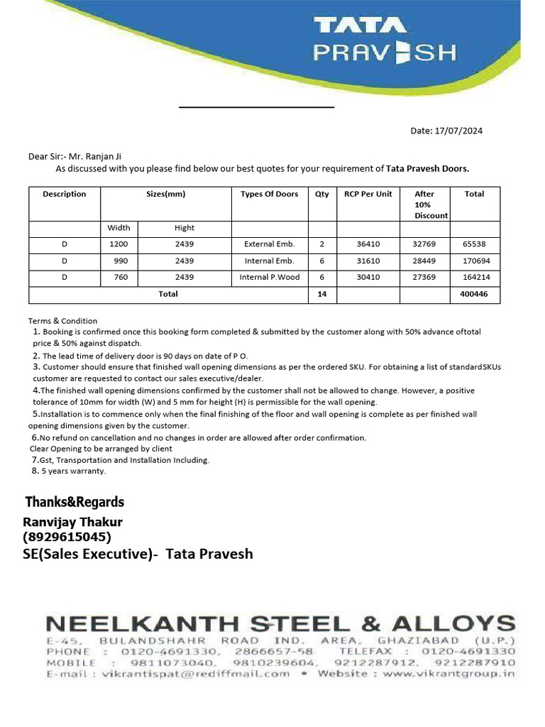 Quaotation of Tata Pravesh Doors. | PDF