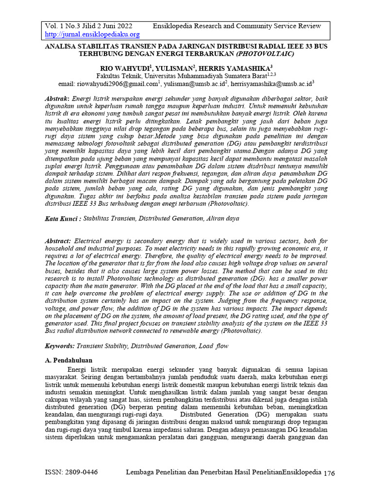 Analisa Stabilitas Transien Pada Jaringan Distribusi Radial Ieee 33 Bus ...