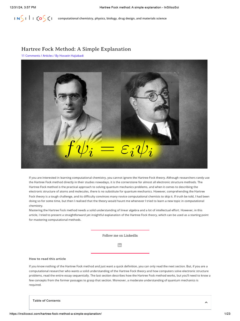 Hartree Fock Method - A Simple Explanation - InSilicoSci | PDF | Hartree–Fock Method | Quantum ...