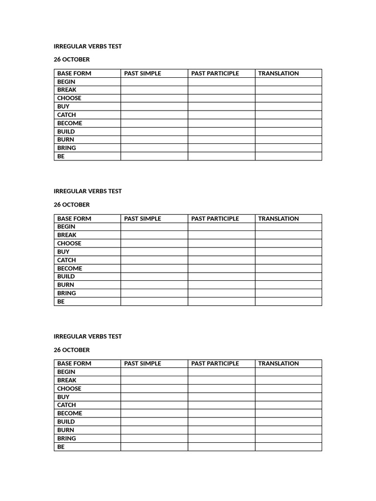 Irregular Verbs Test | PDF