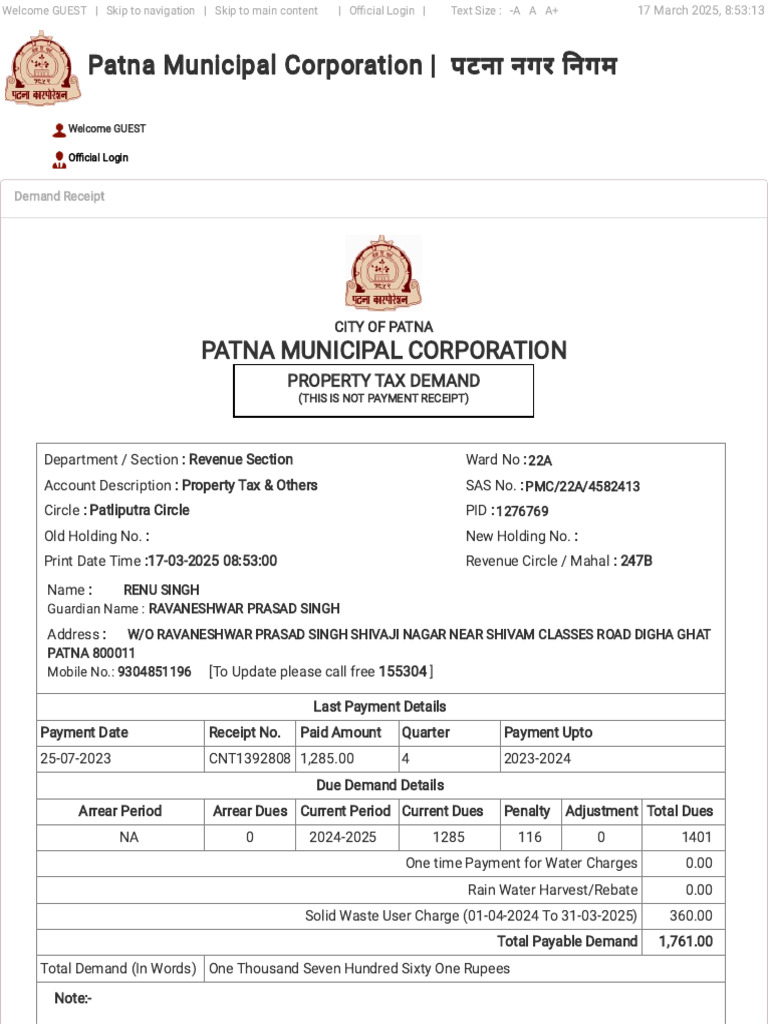 Patna Municipal Corporation Property Tax Notice | PDF | Property Tax ...