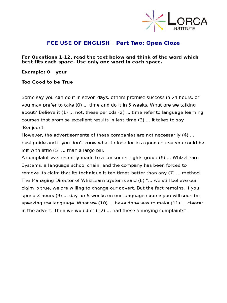 FCE 'Key' Open Cloze - Too Good To Be True | PDF