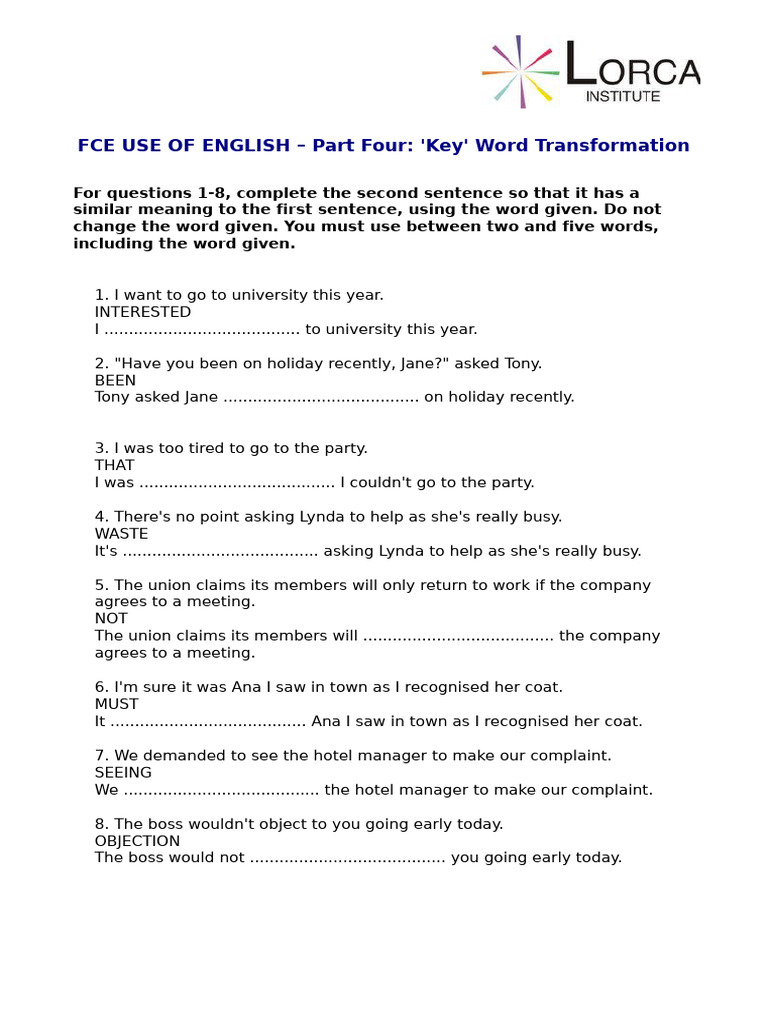 FCE Key Word Transformation Exercises | PDF