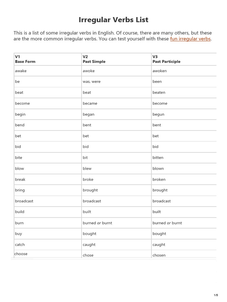 Common Irregular Verbs List | PDF | Semantic Units