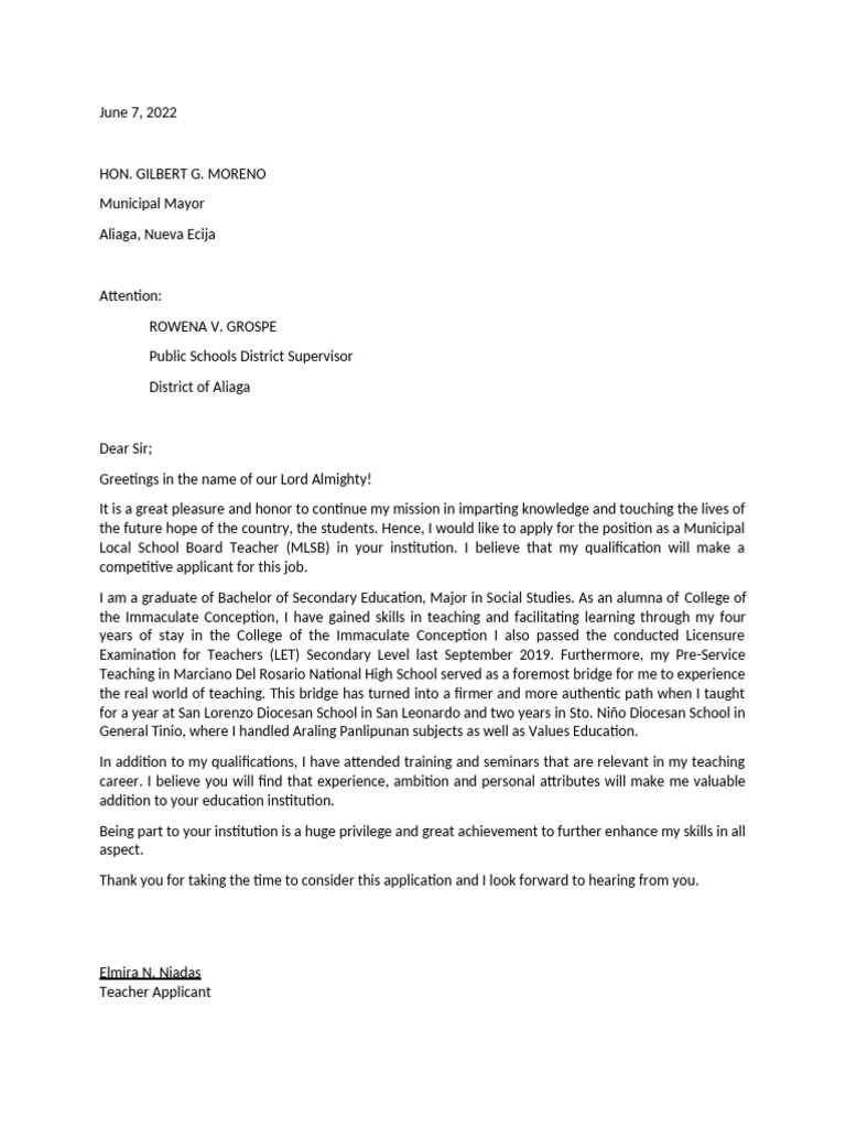 Application for MLSB Position in Aliaga | PDF