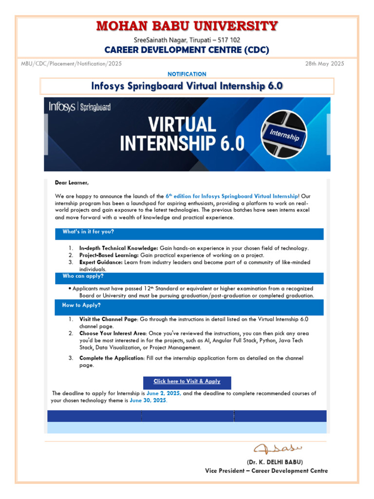Infosys Springboard Virtual Internship 6.0_Notification_New | PDF