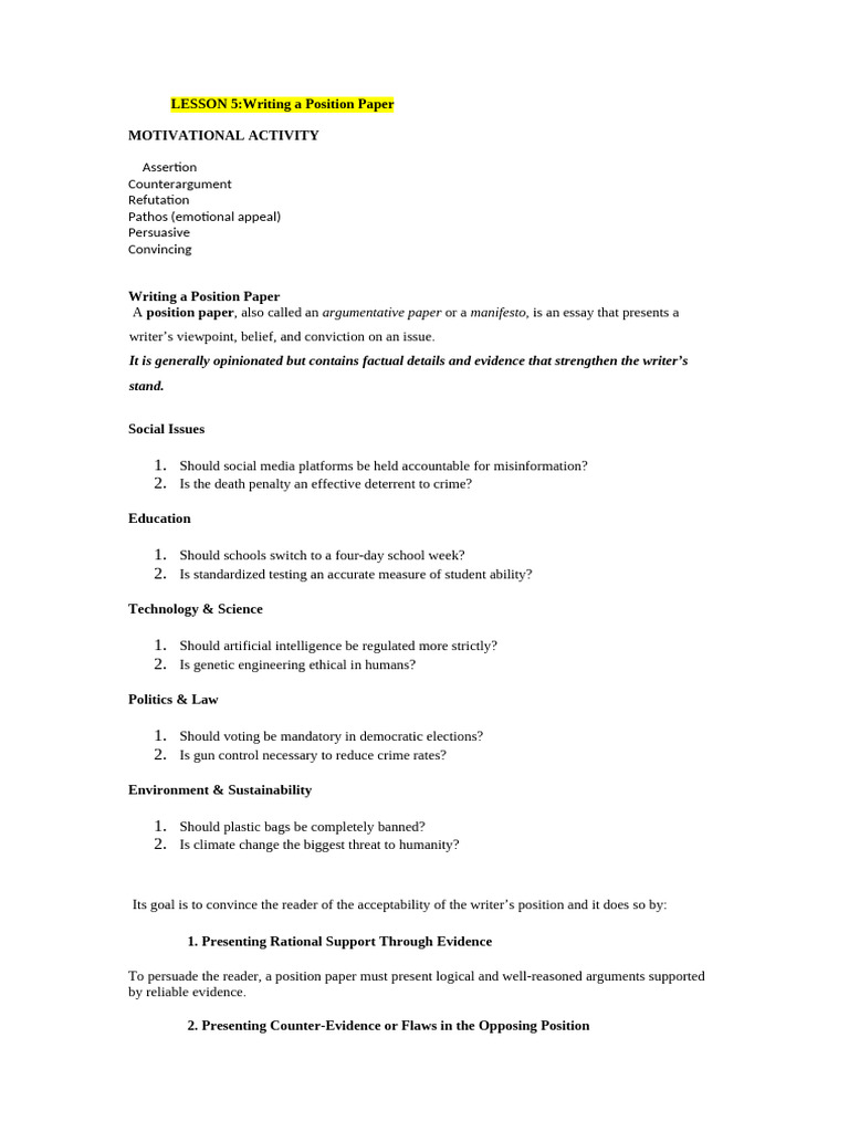g.11 Lesson 5 Position Paper | PDF | Argument | Evidence
