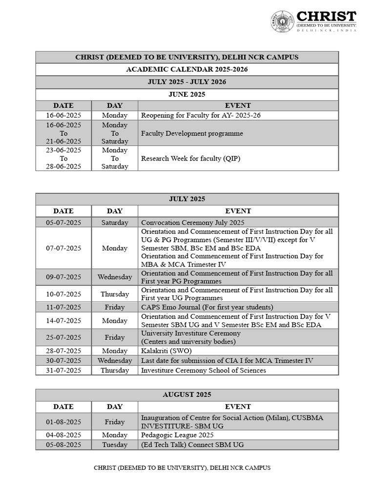 Christ University Academic Calendar 2025-26 | PDF | Academic Term ...