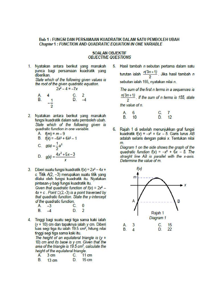 Chapter 1 Functions and Quadratic Functions in One Variables | PDF