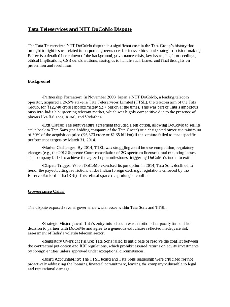 Tata Teleservices and NTT DoCoMo Dispute | PDF | Business