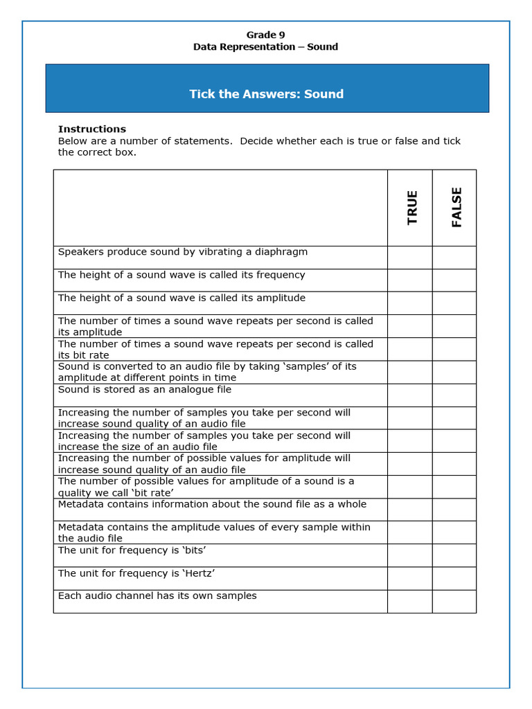 Grade 9 - Data Representation - Sound - True or False | PDF