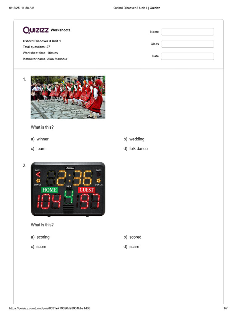 Oxford Discover 3 Unit 1 - Quizizz | PDF