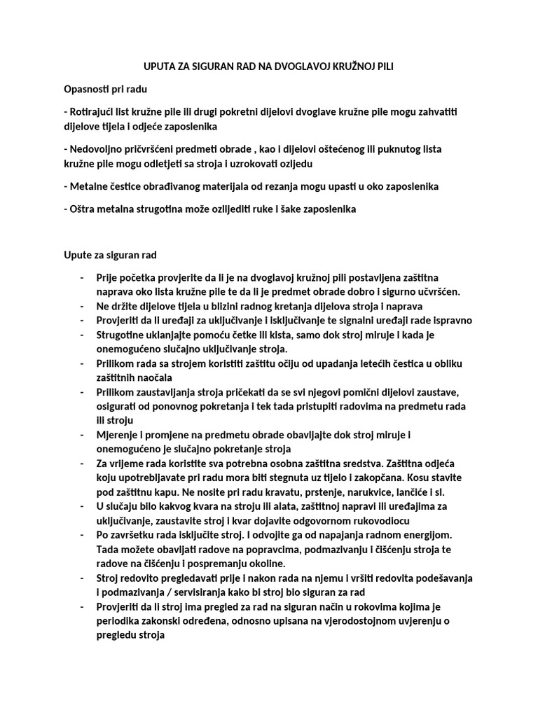UPUTA ZA SIGURAN RAD NA Dvoglavoj Kružnoj Pili-Sp 2024 | PDF