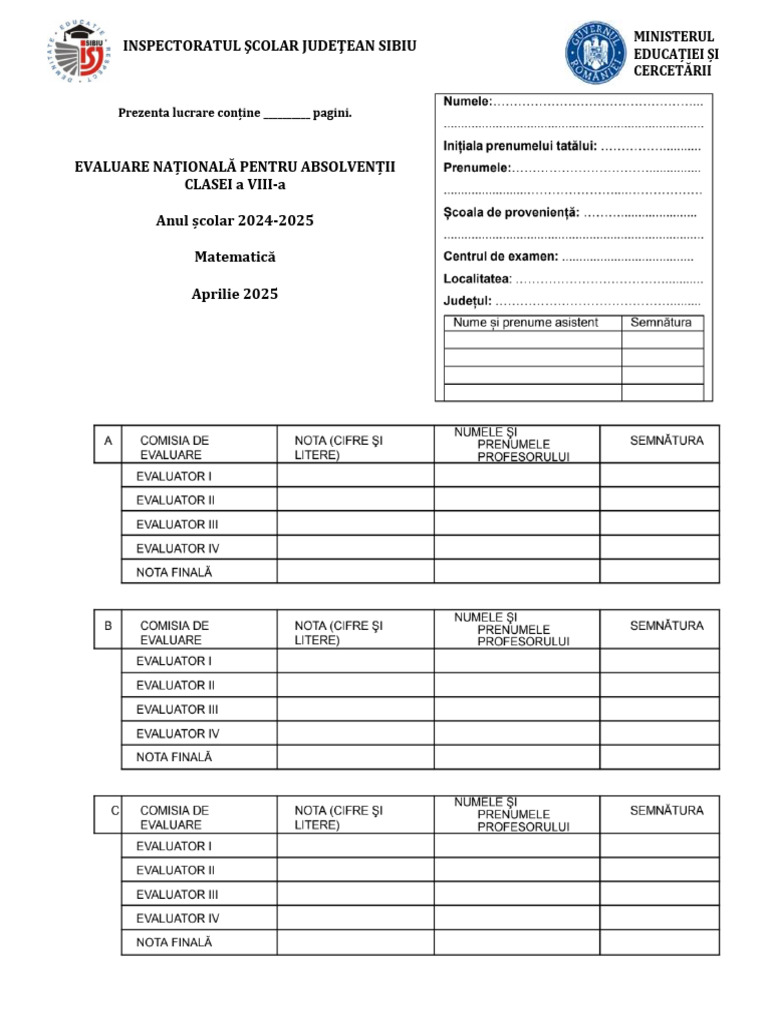 Model Subiecte Evaluarea Naţională 2025 | PDF