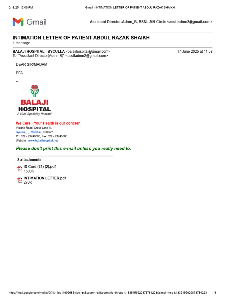 Intimation Letter of Patient Abdul Razak Shaikh - 13 - All | PDF