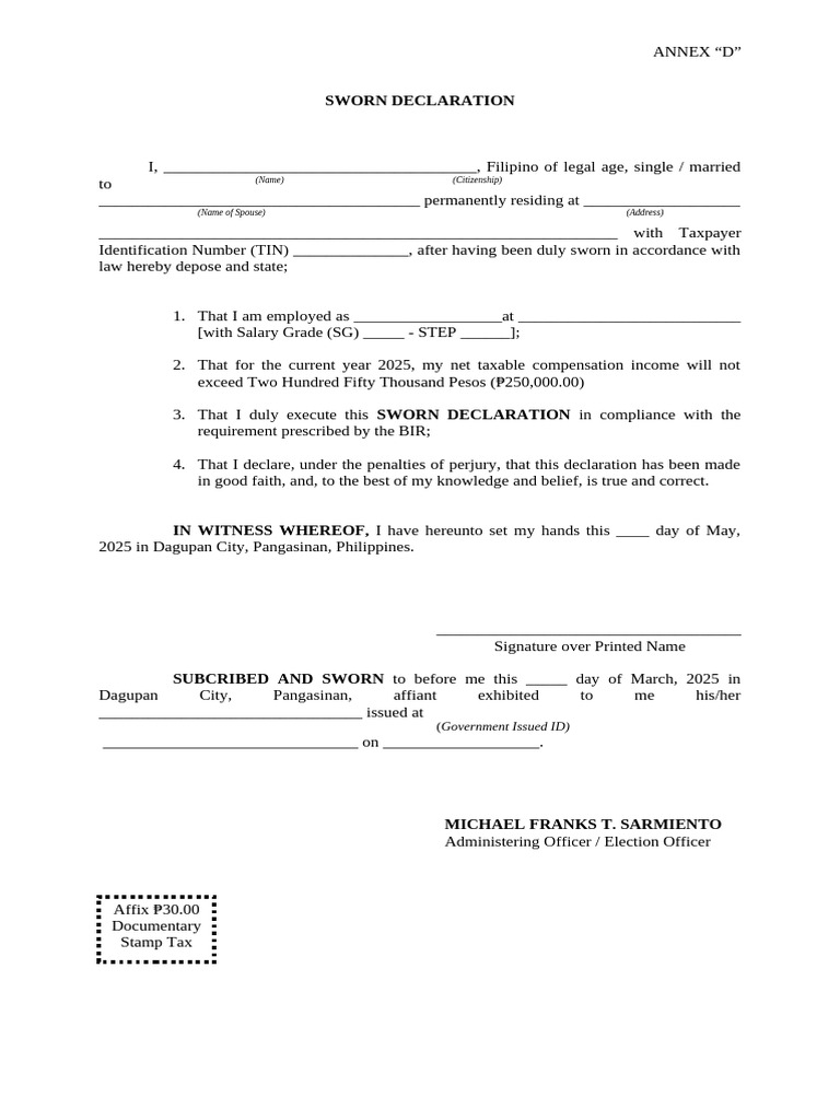 Income Tax Sworn Declaration Form | PDF