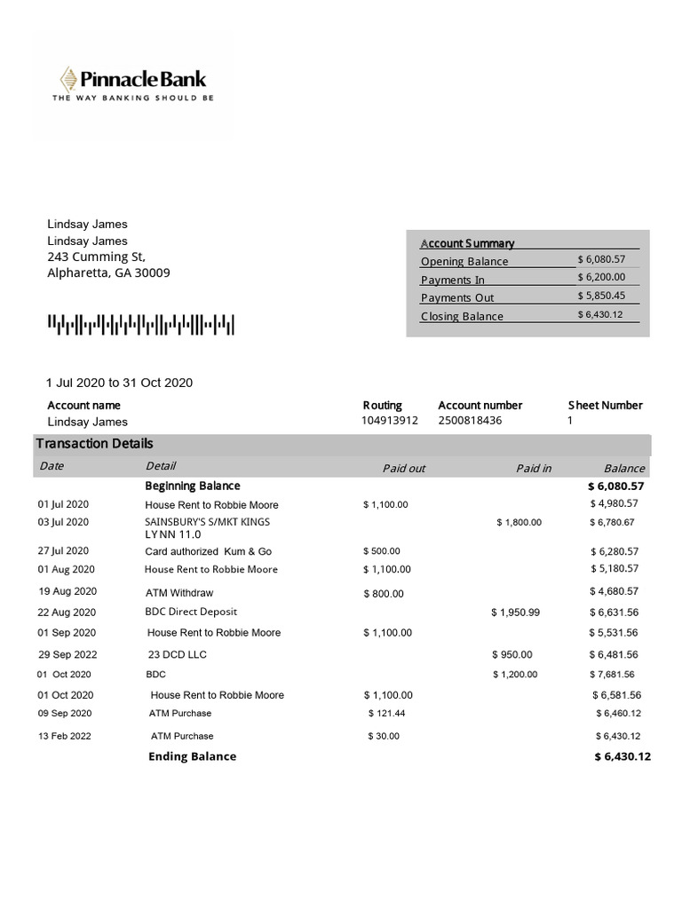 Pinnacle Bank Account Statement | PDF | Banking | Financial Services