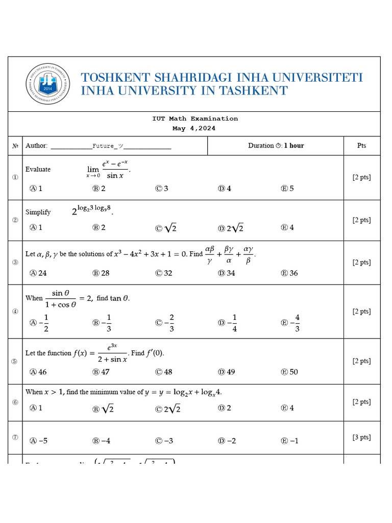 IUT Entrance Exam 1 Socie (2024) | PDF | Mathematical Analysis ...