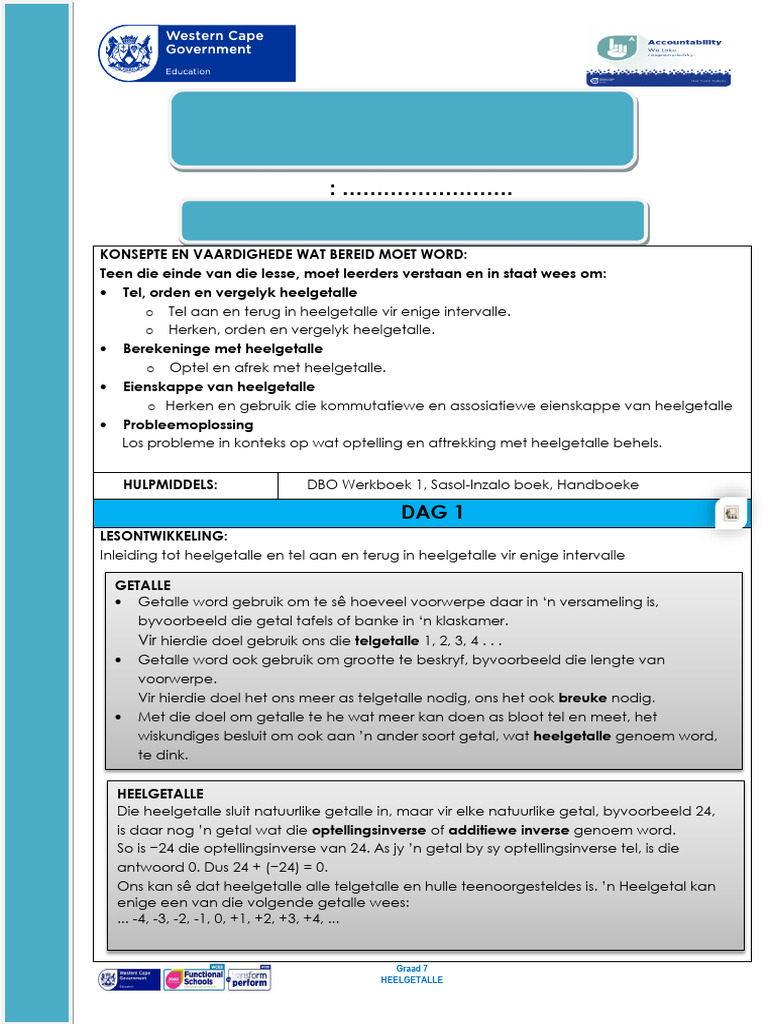 Lessons GR 7 Mathematics Term 2 Week 3,4 HEELGETALLE (Integers) | PDF