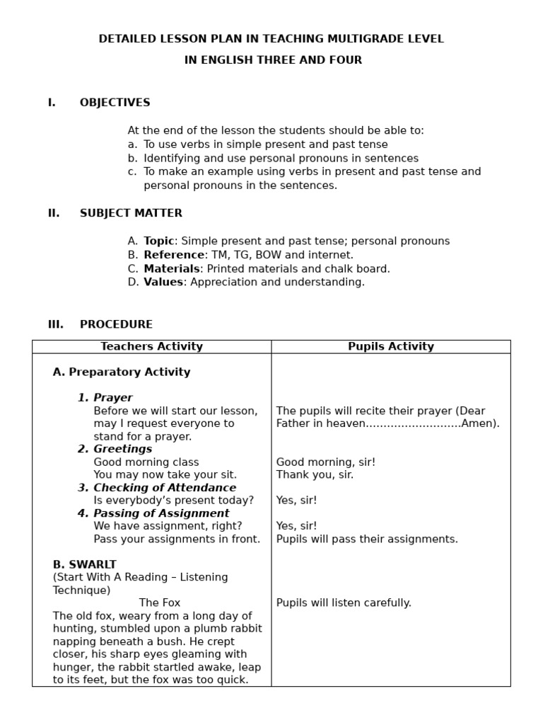 Detailed Lesson Plan in Teaching Multigrade Level | PDF | Pronoun | Noun