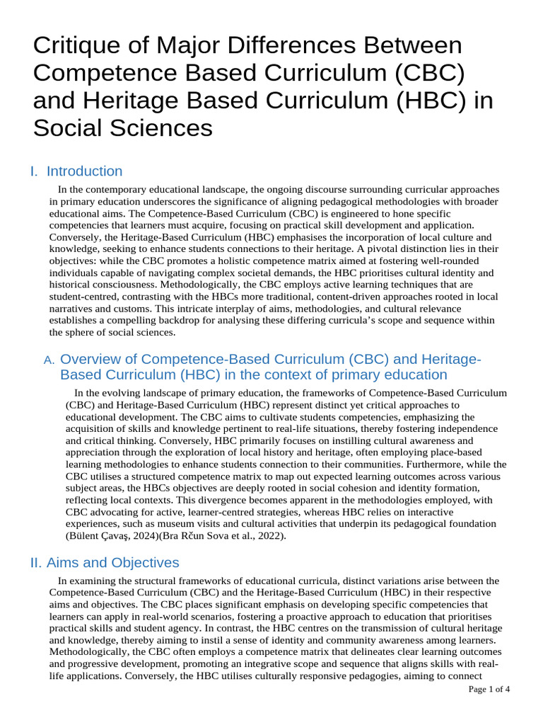 Critique of Major Differences Between Competence Based Curriculum CBC and Heritage Based ...