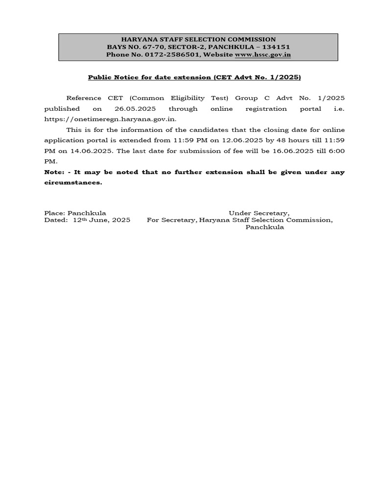 Haryana CET Application Date Extended | PDF