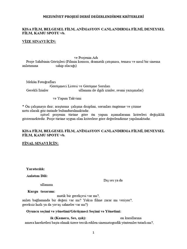 Mezuniyet Projesi Dersi Degerlendirme Kriterleri 14.06.2021 | PDF