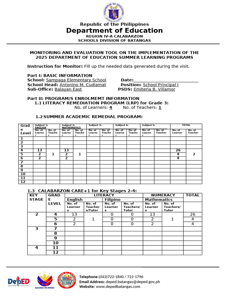 Monitoring Tool for Summer Learning Programs | PDF | Learning