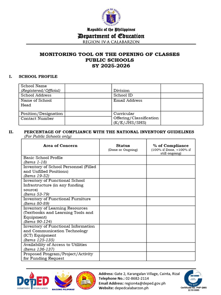 Classroom Observation Tool SY 2025-2026 | PDF