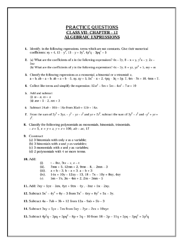 Subjective Worksheet of Algebric Expression | PDF