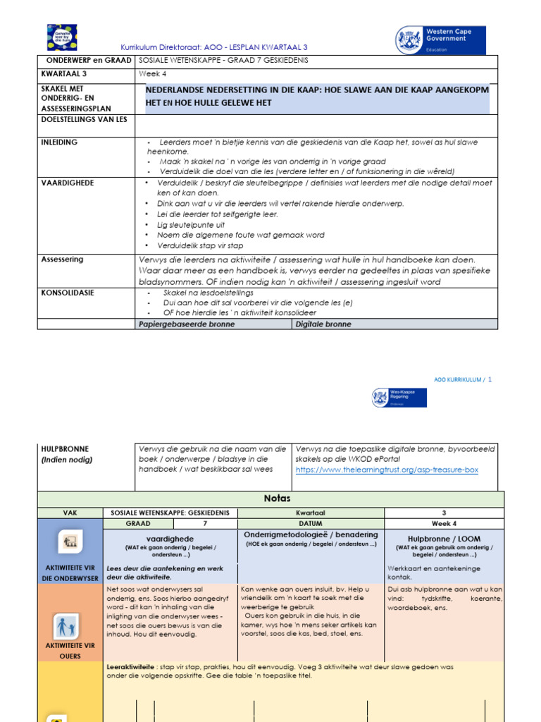 Lesplan GR 7 SW Geskiedenis K3 W4 | PDF