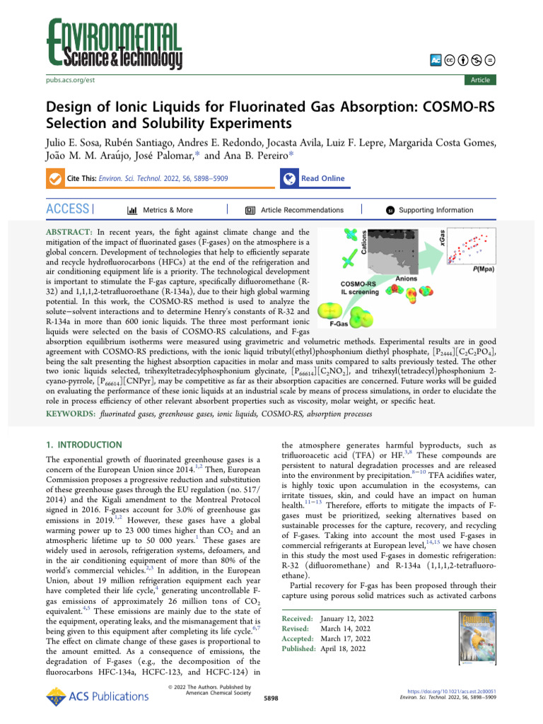 Sosa Et Al 2022 Design of Ionic Liquids For Fluorinated Gas Absorption Cosmo Rs Selection and ...