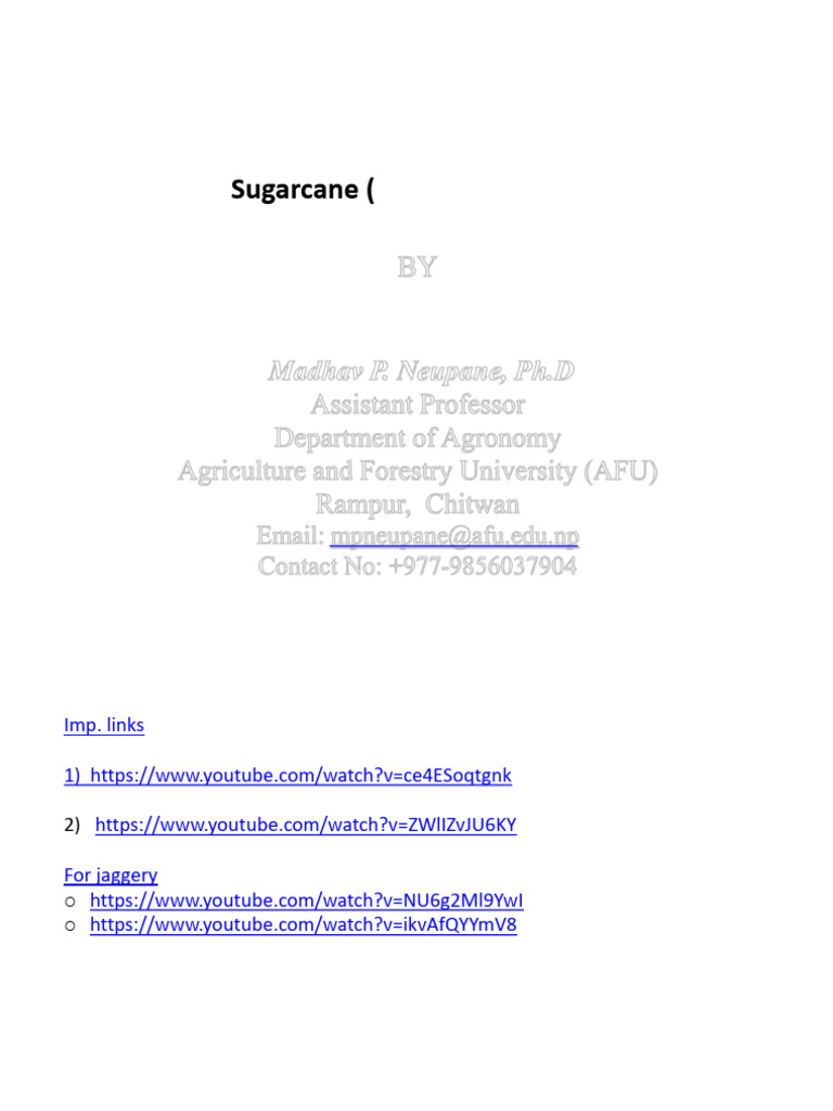 AGR-204 Sugarcane Theory Class Final | PDF | Sugarcane | Plough