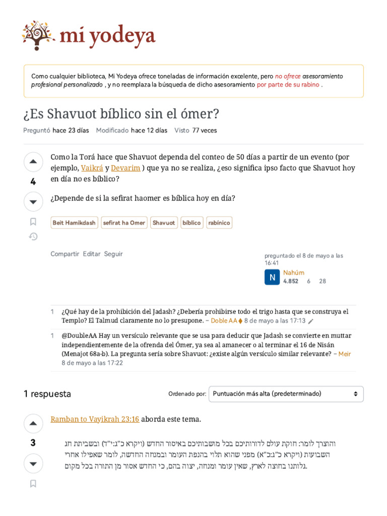Beit Hamikdash - ¿Es Shavuot bíblico sin el ómer_ - Mi Yodeya | PDF | Judios y judaísmo | Ley ...