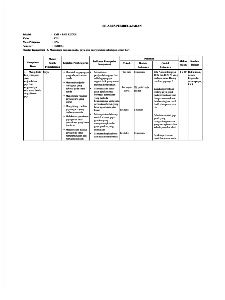 PDF Silabus Ipa SMP Kelas 8 Semester 2 Berkarakter Compress | PDF