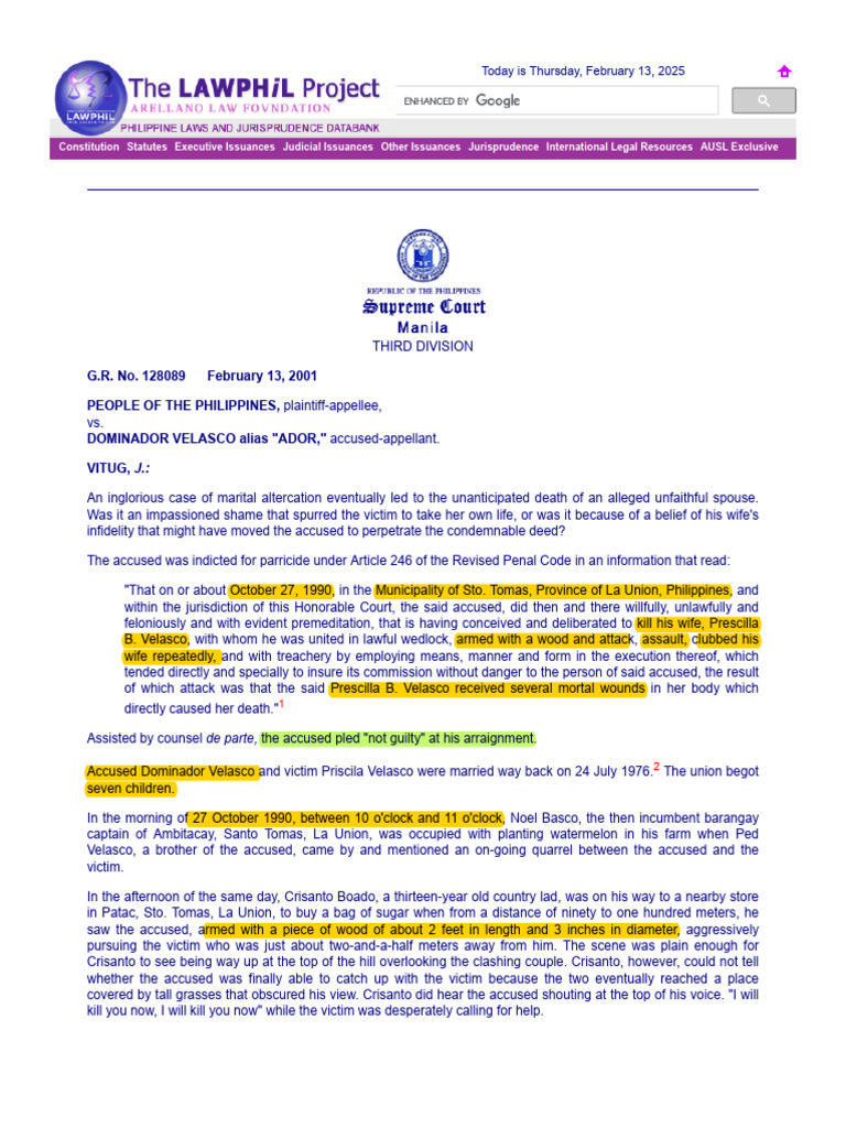 Parricide Case: Velasco vs. People of the Philippines | PDF | Witness ...