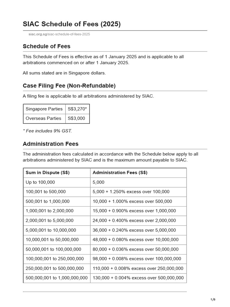 SIAC Schedule of Fees 2025 PDF | PDF | Arbitral Tribunal | Banks