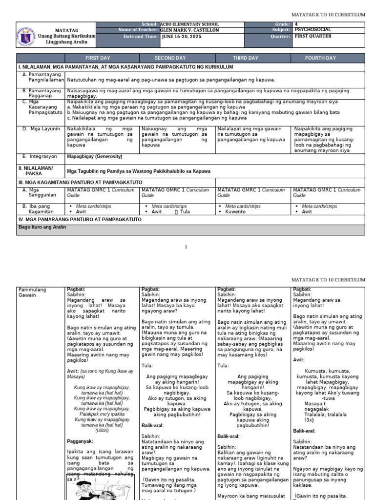 Dll Matatag Gmrc 1 q3 w4 | PDF