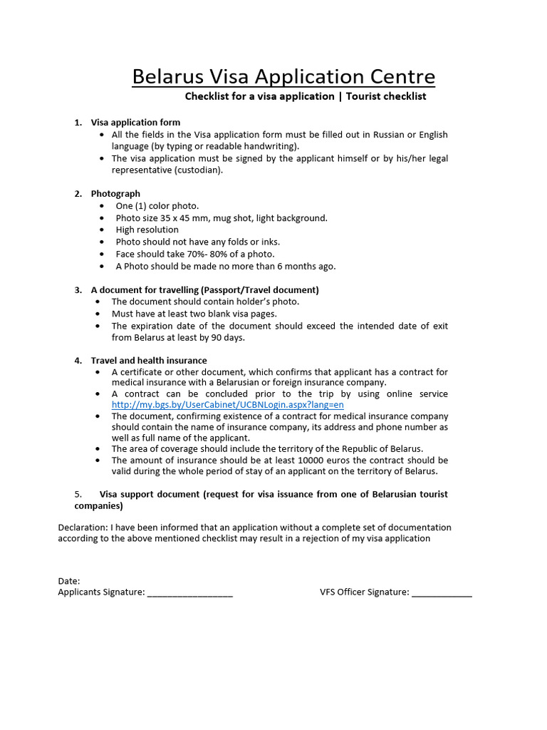 Belarus Visa Application Checklist | PDF