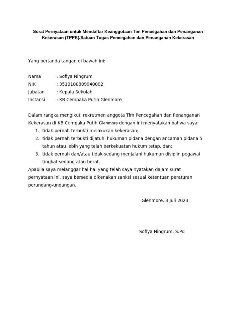 Surat Pernyataan Keanggotaan TPPK Dan Satgas | PDF