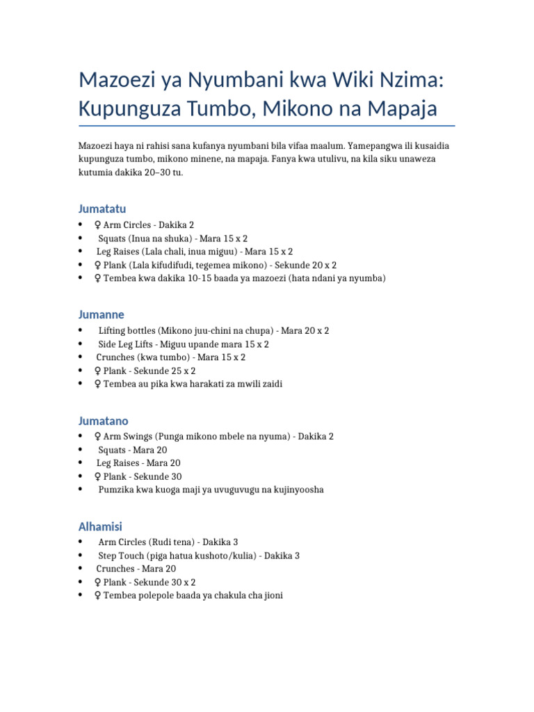 Mazoezi Nyumbani Wiki Yote Tumbo Mikono Mapaja | PDF
