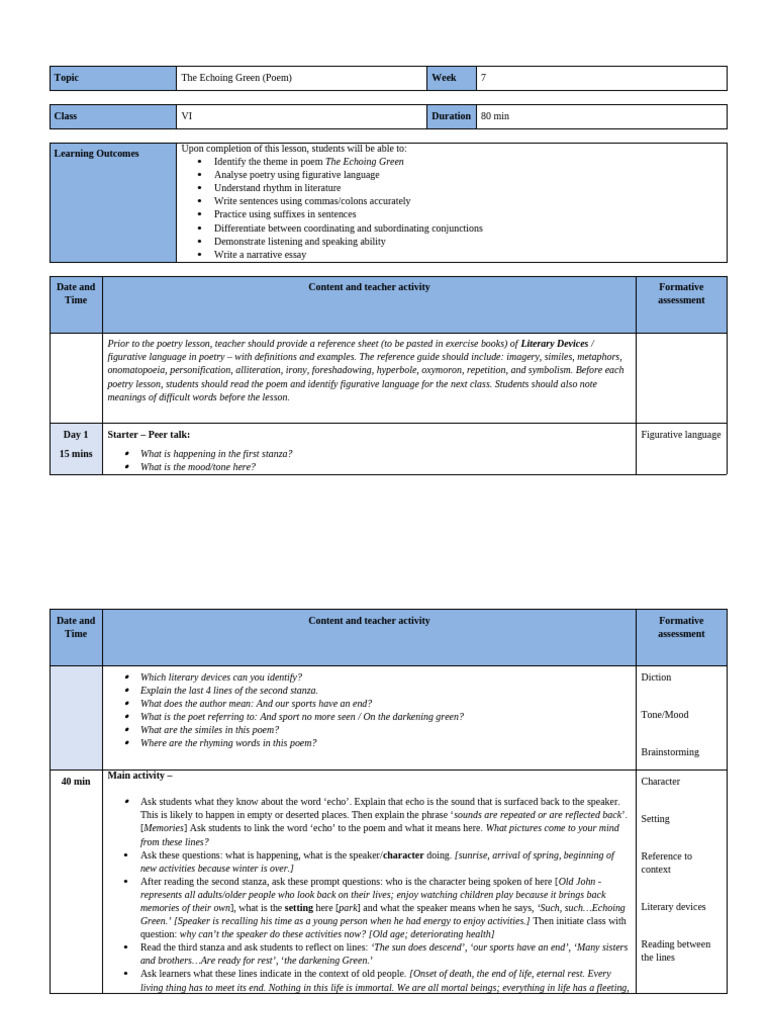 Activities for "The Echoing Green" | PDF | Poetry | Grammar