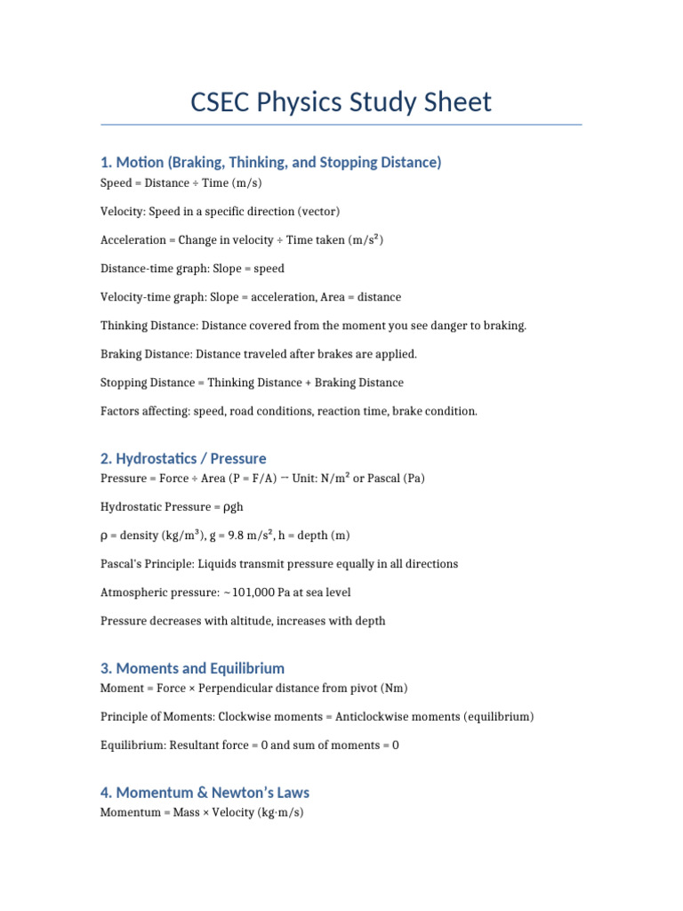 CSEC Physics Study Sheet | PDF