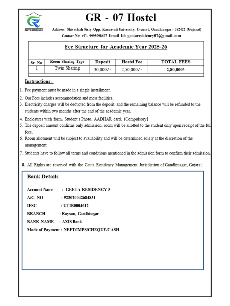 GR-07 Hostel Fee Structure 2025-26 | PDF