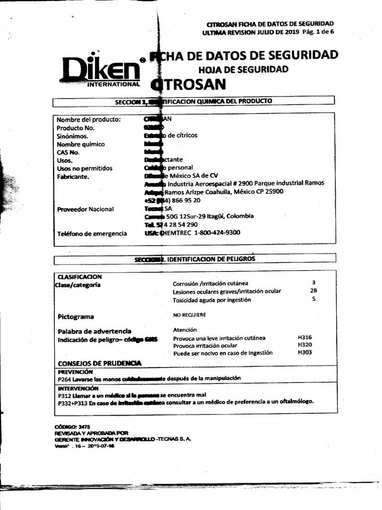Ficha de Seguridad - Citrosan | PDF