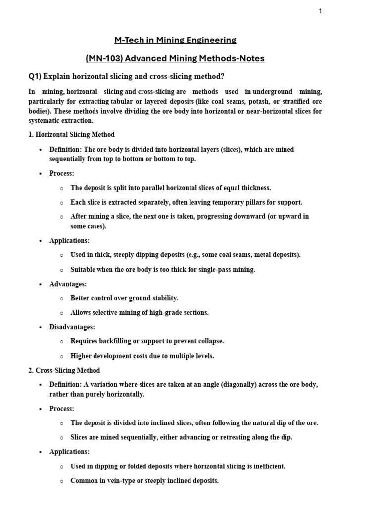 MN-103 ADVANCED MINING METHODS NOTES Final | PDF | Coal Mining | Mining